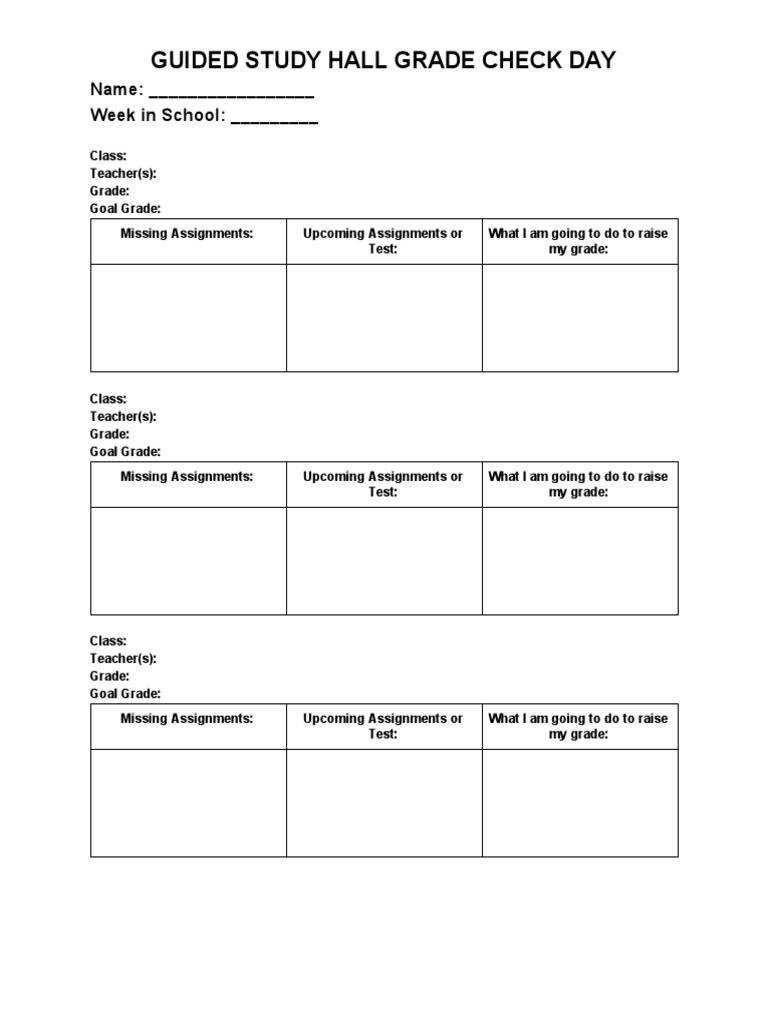 Guided Study Hall Grade Check Day: Name: - Week in School | PDF