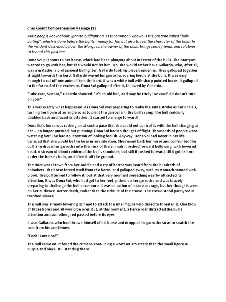 Checkpoint Comprehension Passage | PDF | Bull | Bullfighting