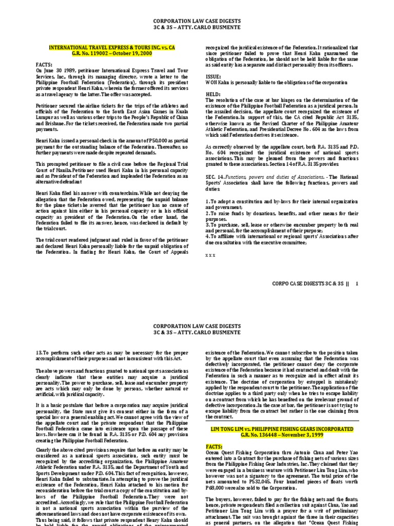 Corpo Case Digests | PDF | Estoppel | Private Law