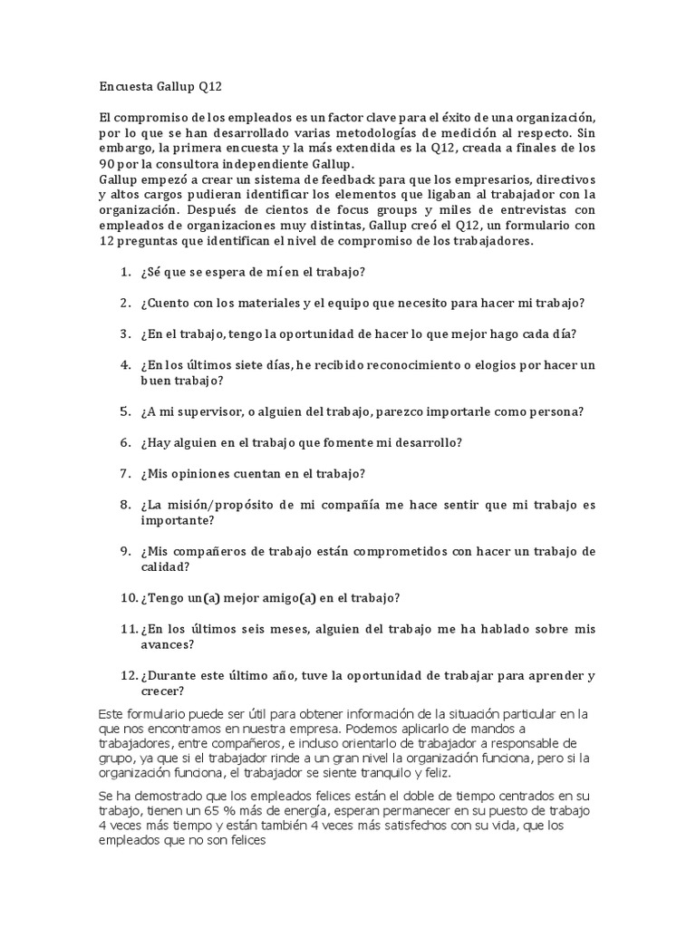 Encuesta Gallup Q12: Compromiso Laboral | PDF | Crecimiento personal y ...