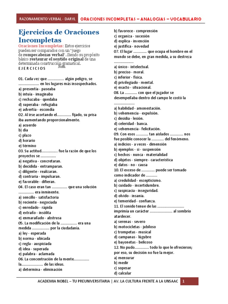 Ejercicios de Oraciones Incompletas | Verdad | Toma de decisiones