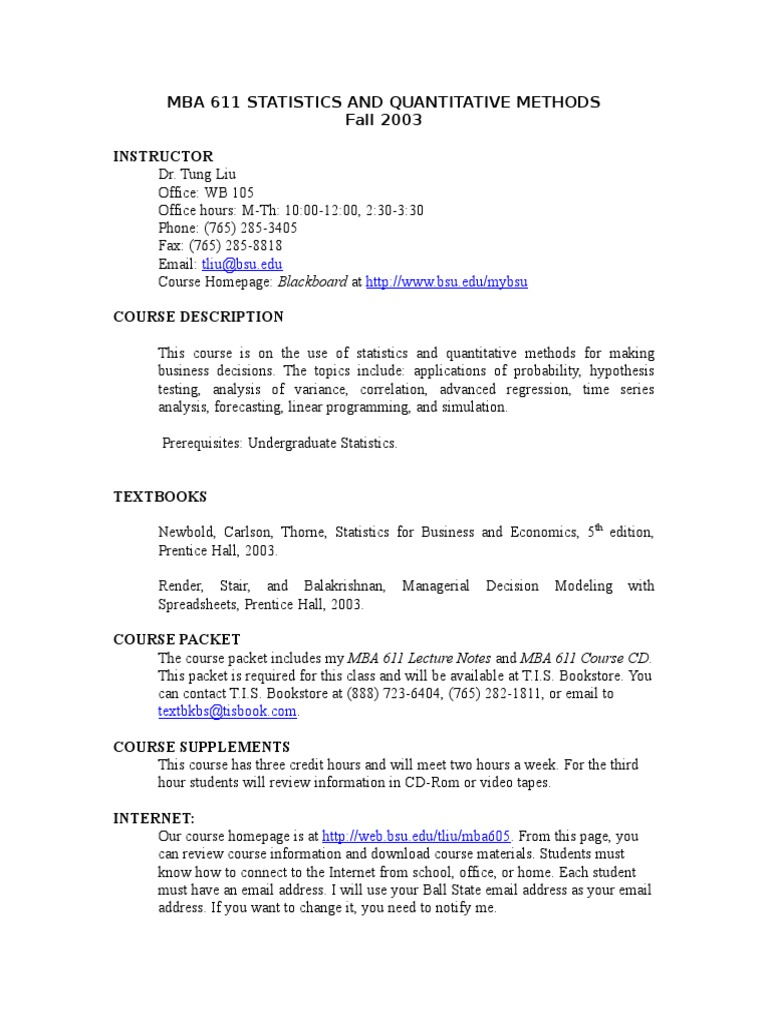 Mba 611 Statistics Syllabus | PDF | Regression Analysis | Coefficient ...