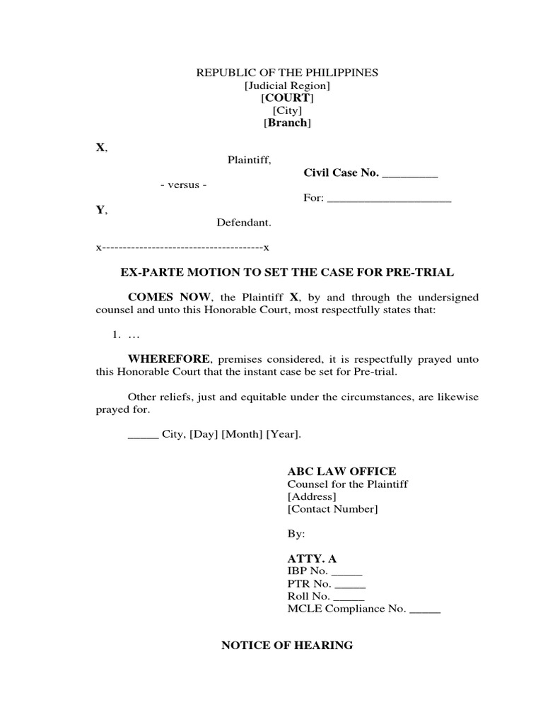 Ex-parte Motion to Set the Case for Pre-trial