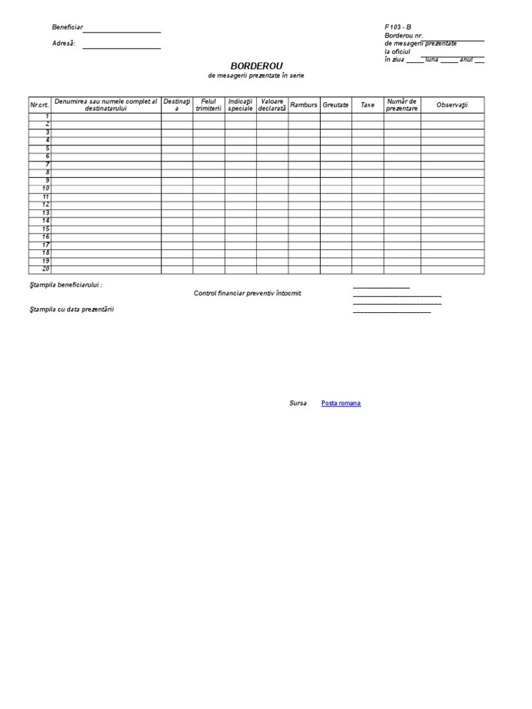 Model Borderou Serie Posta Romana | PDF