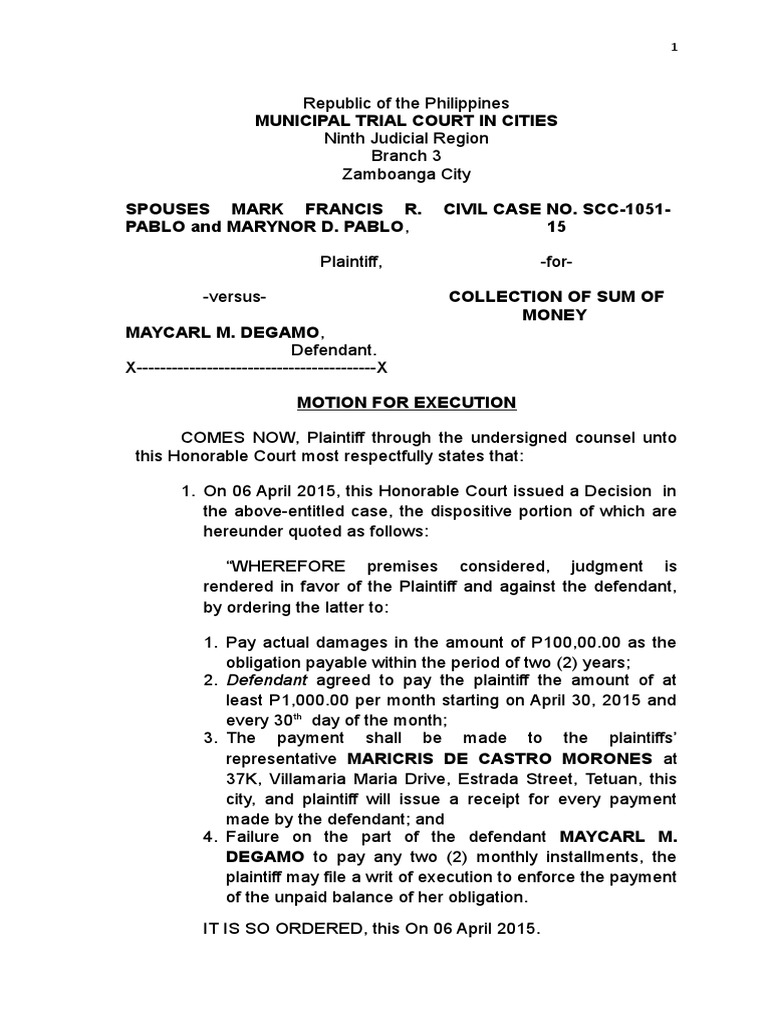 Motion For Execution | PDF | Lawsuit | Judiciaries