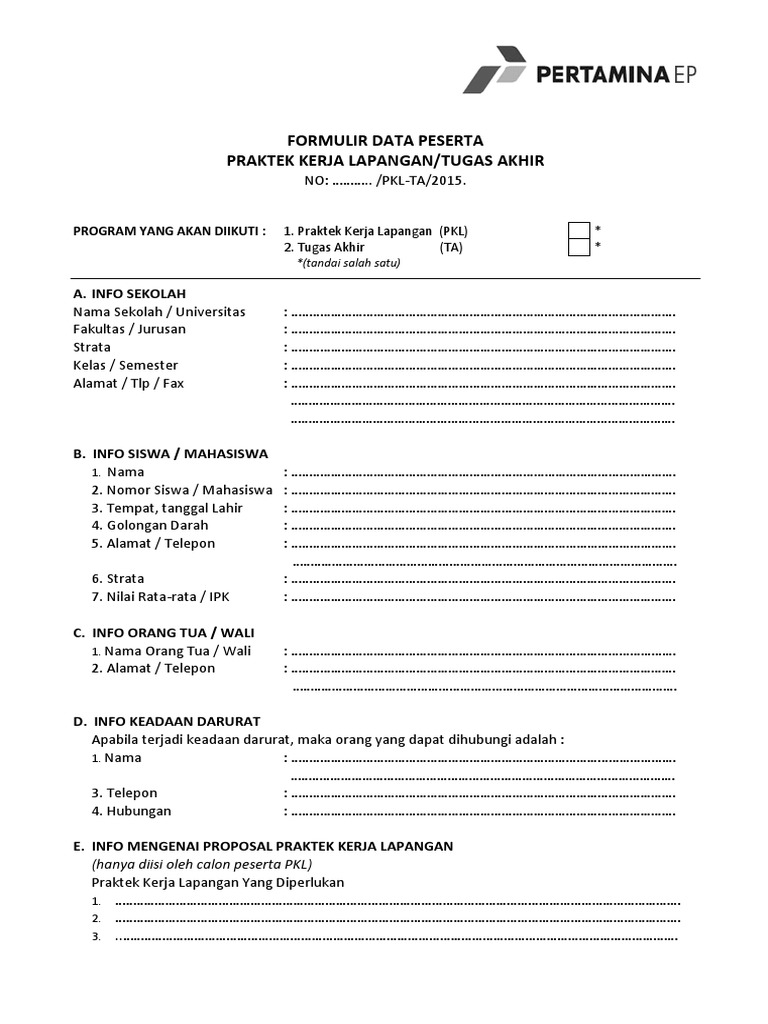 Form Isian Data Magang Di PT - Pertamina PDF | PDF