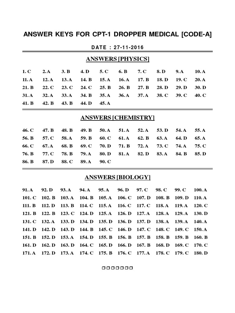 Answer Keys For Cpt-1 Dropper Medical (Code-A) : Answers (Physics ...