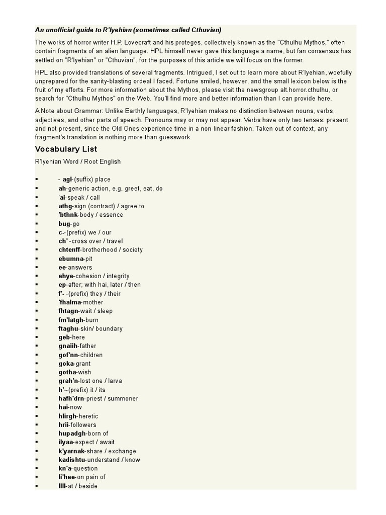 Vocabulary List: An Unofficial Guide To R'lyehian (Sometimes Called ...