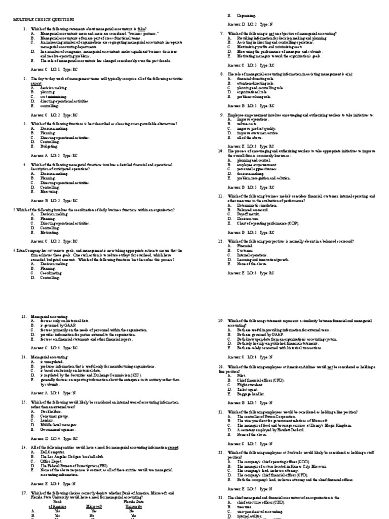 Multiple Choice Questions - Mas | PDF | Cost Of Goods Sold | Management ...