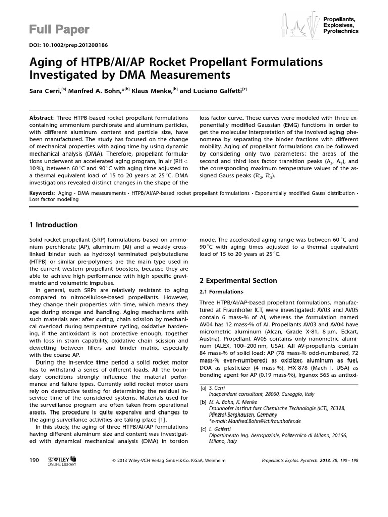 Aging of HTPB Al AP Rocket Propellant Formulations by DMA Measuremnets ...