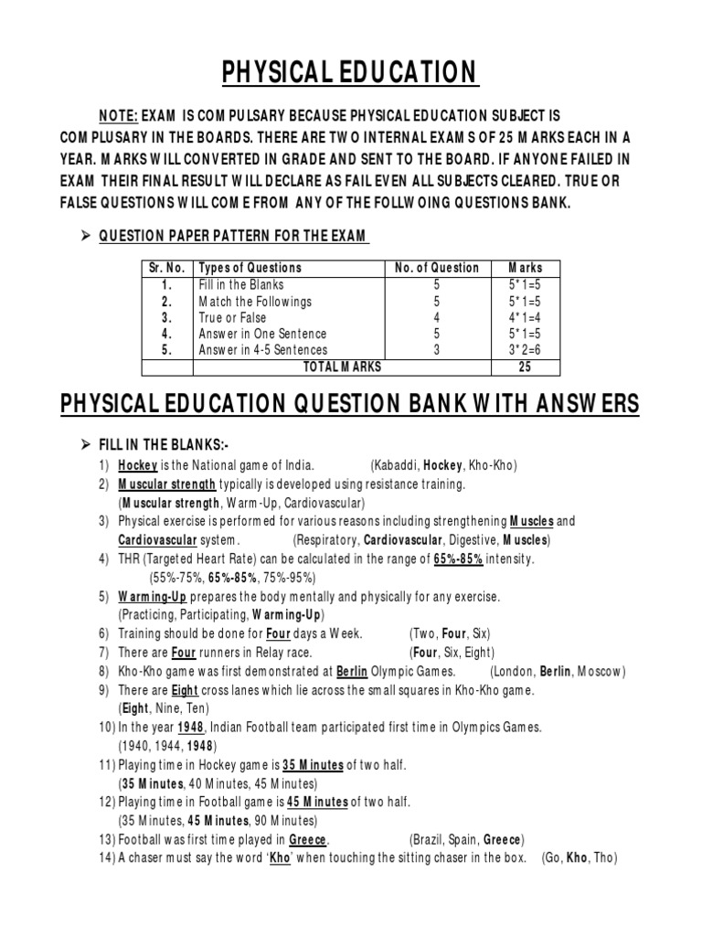 Physical Education Question Bank With Answers | PDF | Muscle | Physical ...