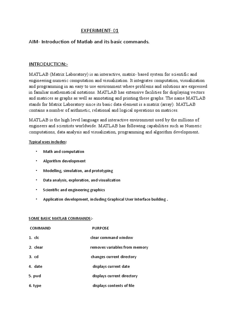 Experiment-01 AIM - Introduction of Matlab and Its Basic Commands | PDF | Matlab | Graphical ...