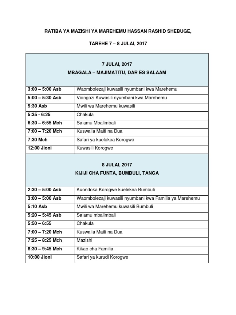 Ratiba Ya Mazishi Ya Marehemu Hassan Rashid Shebuge | PDF