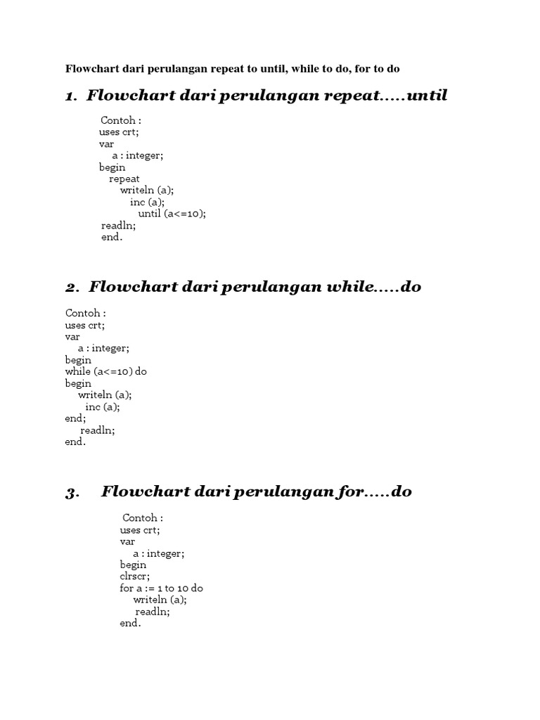 Flowchart Dari Perulangan Repeat To Until, While To Do, For To Do | PDF