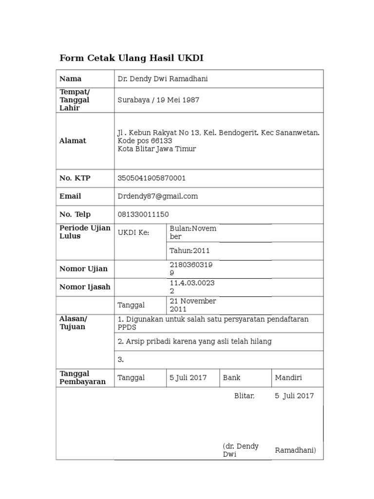 Form Cetak Ulang Hasil UKDI | PDF