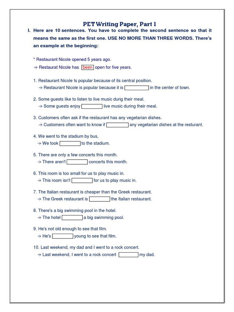 Pet Writing Part 1 Exercises