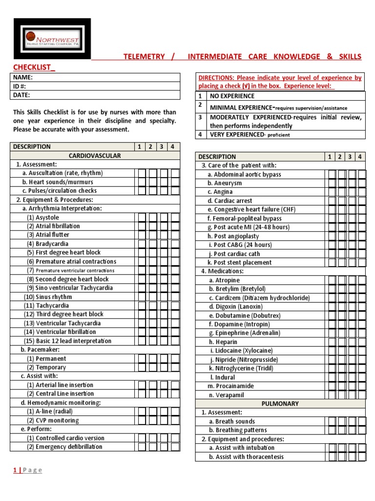 Telemetry Nurse Skills Checklist | PDF | Heart | Hemodialysis