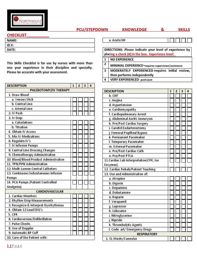 PCU Stepdown Skills Checklist | Intravenous Therapy | Heart