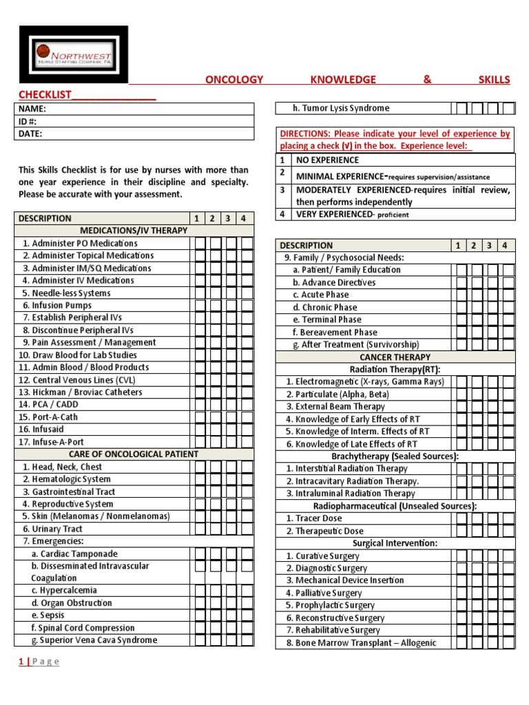 Oncology Skills Checklist | PDF | Intravenous Therapy | Radiation Therapy