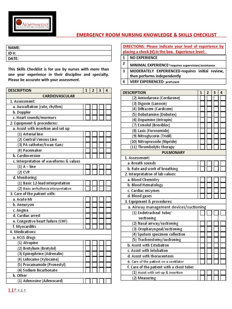 Emergency Room Nurse Skills Checklist | PDF | Clinical Medicine ...
