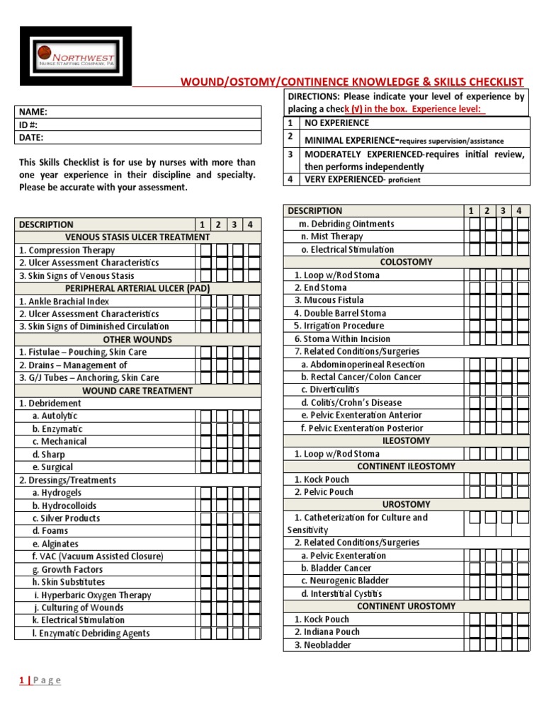 Wound Ostomy Continence Skills Checklist | PDF | Urinary Incontinence ...
