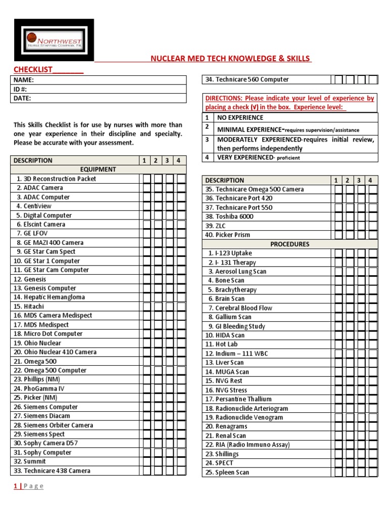 Nuclear Med Tech Skills Checklist | PDF | Nuclear Medicine | Infants