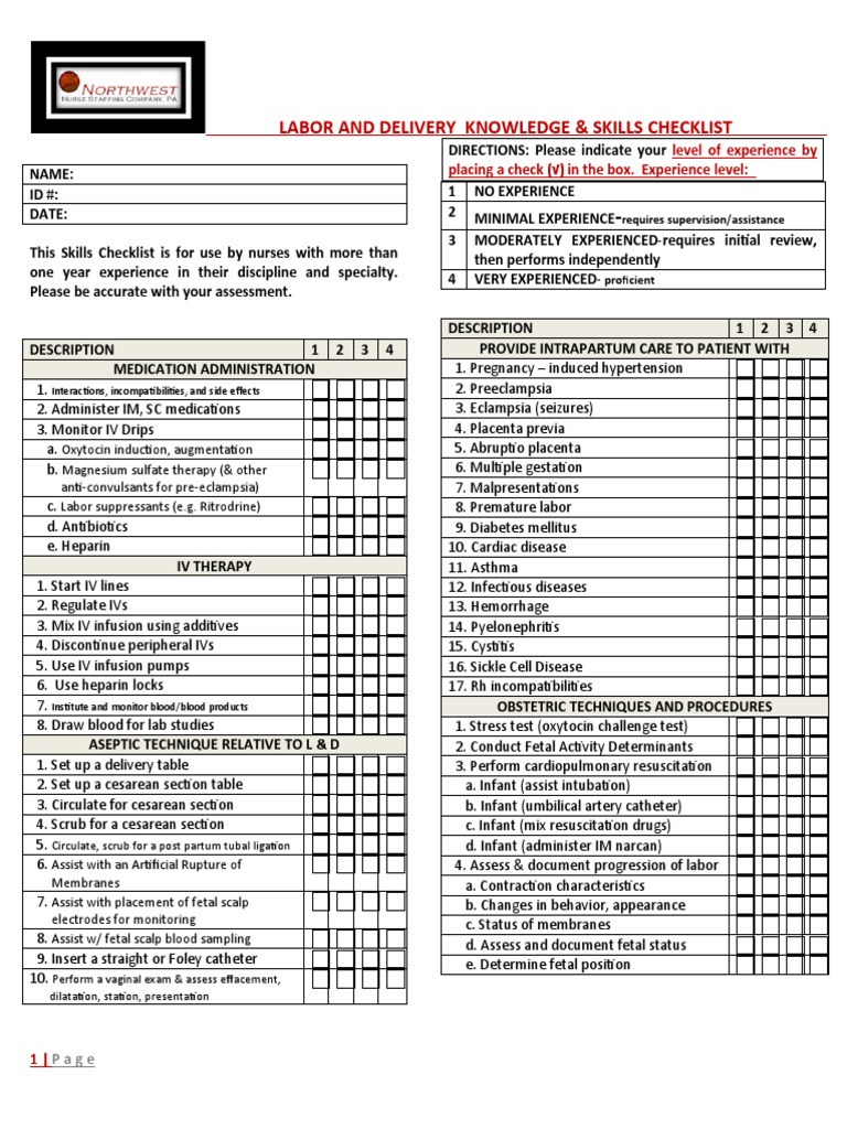 Labor and Delivery Nursing Knowledge & Skills Checklist | PDF ...