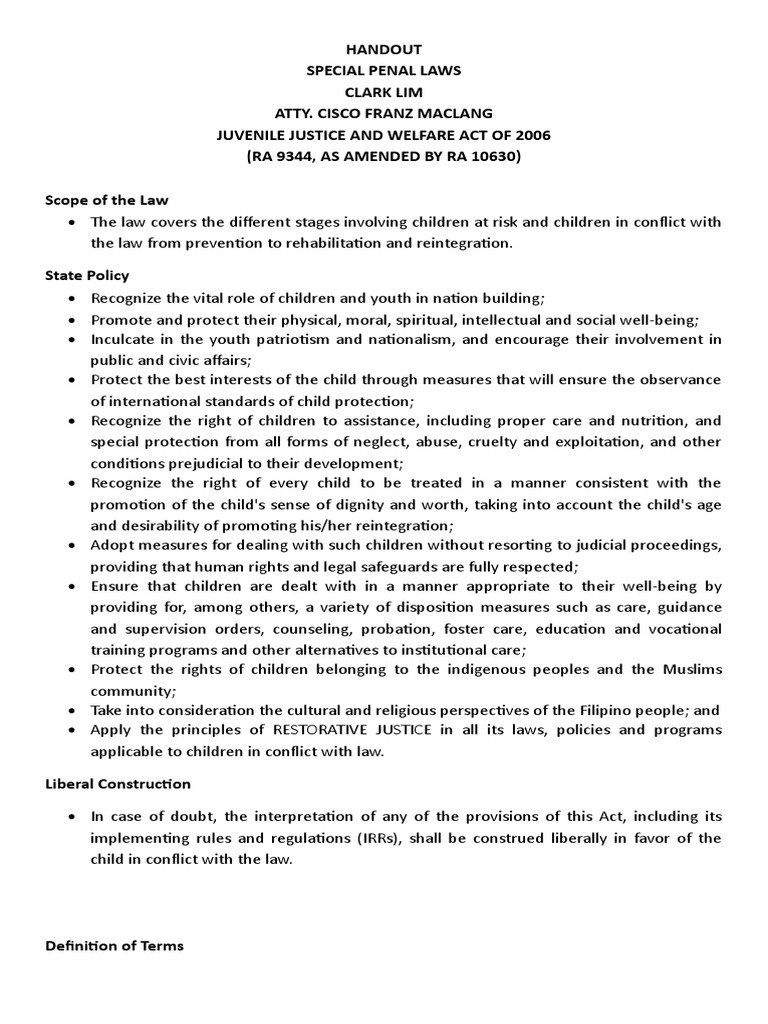 Handouts RA 9344 | Child Custody | Prosecutor