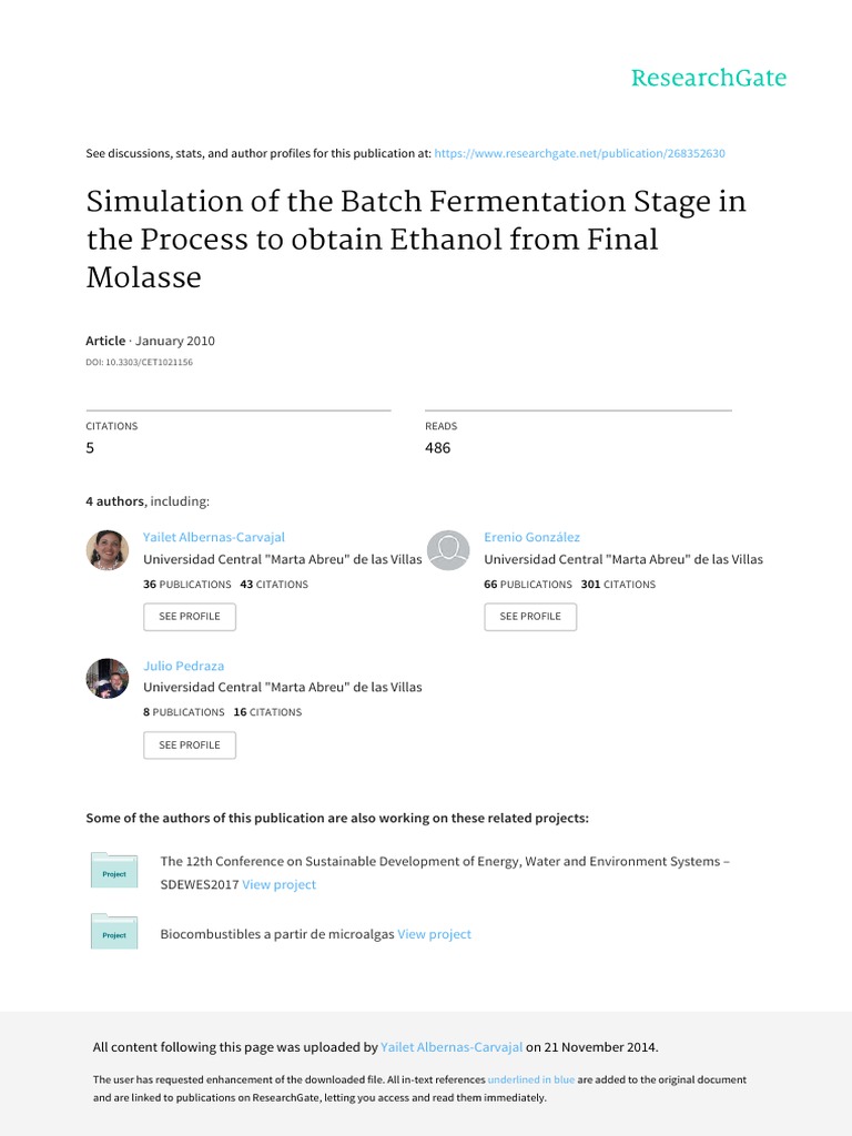 Simulation of The Batch Fermentation Stage in The Process To Obtain Ethanol From Final Molasse ...