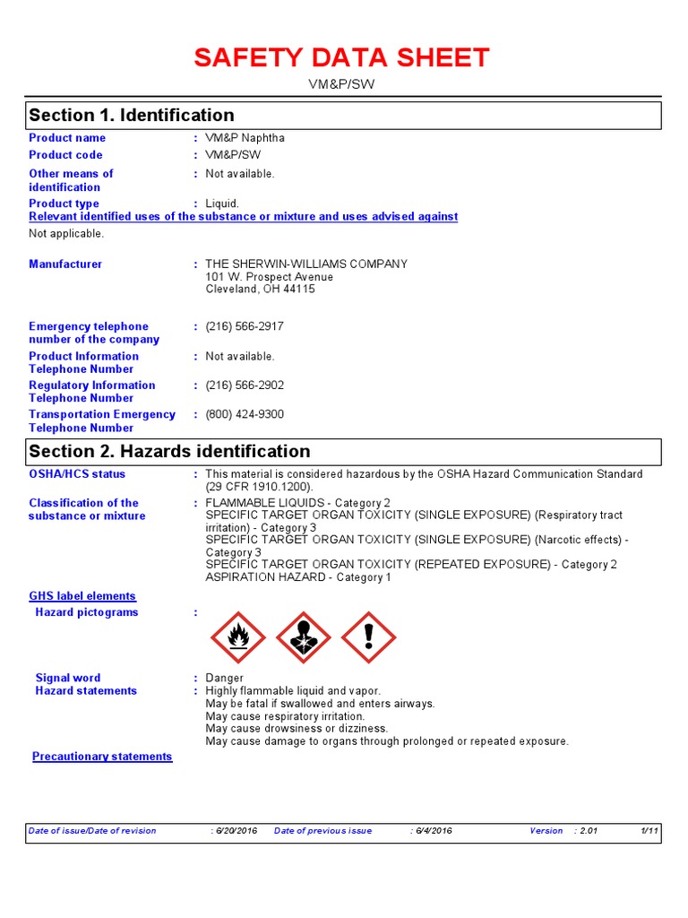 Sherwin Williams Naphtha SDS Sheet | PDF | Dangerous Goods | Toxicity