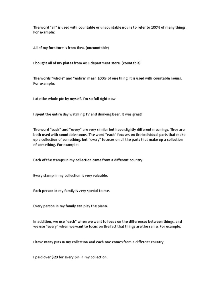 All, Every and Each | PDF | Grammatical Number | Plural