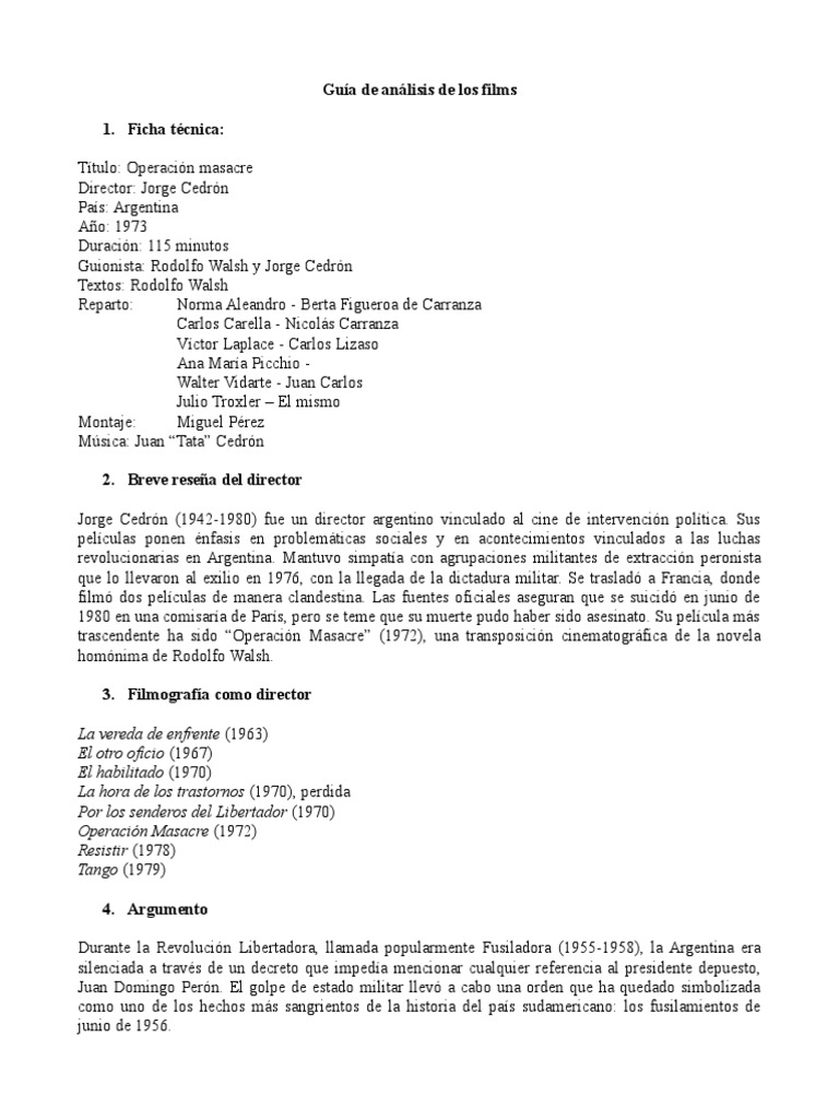 Guía de Análisis de Films - Operacion Masacre | PDF | Argentina | Agitación