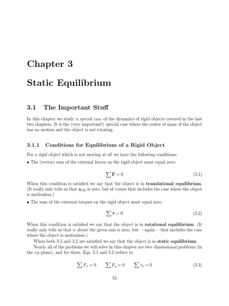 Static Equilibrium: 3.1 The Important Stuff | PDF | Torque | Rotation Around A Fixed Axis