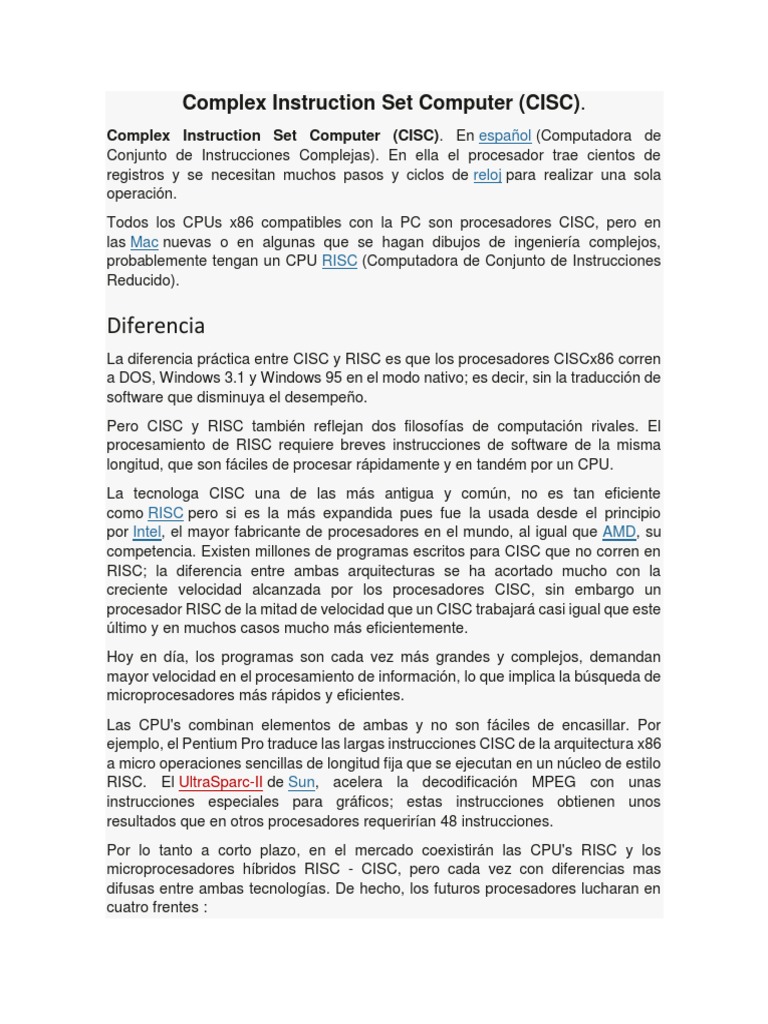 Diferencias CISC y RISC en CPUs | PDF | Unidad Central de procesamiento | Microprocesador