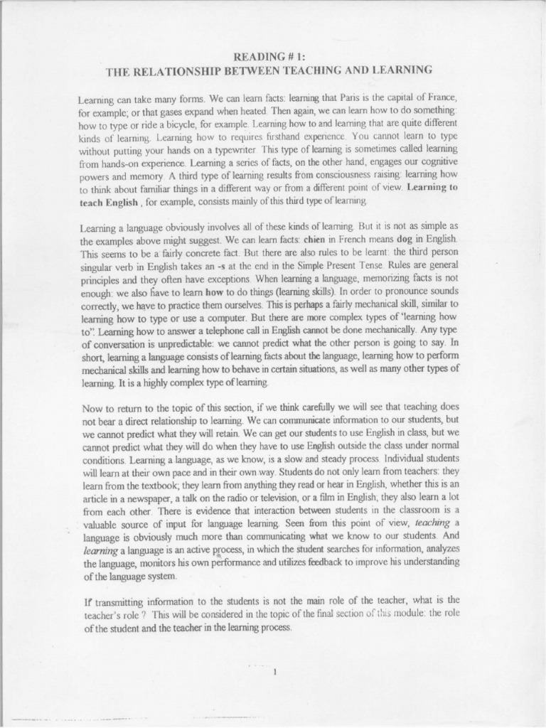 Reading 1 THE RELATIONSHIP BETWEEN TEACHING AND LEARNING PDF | PDF