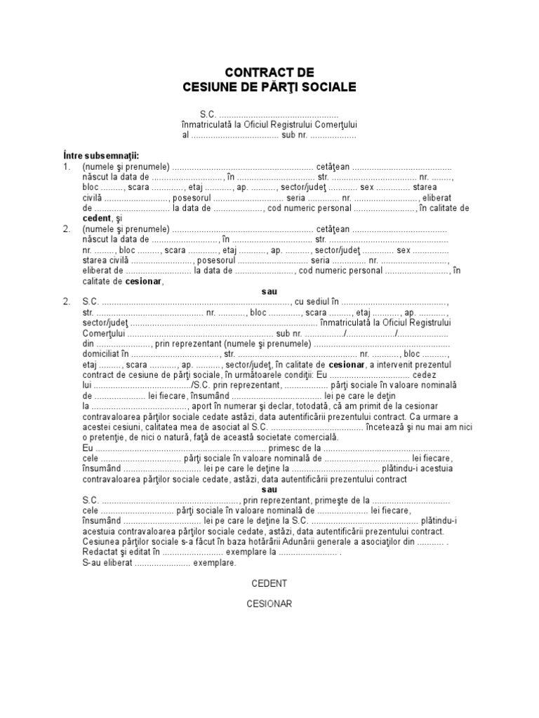 Contract de Cesiune de Parti Sociale | PDF