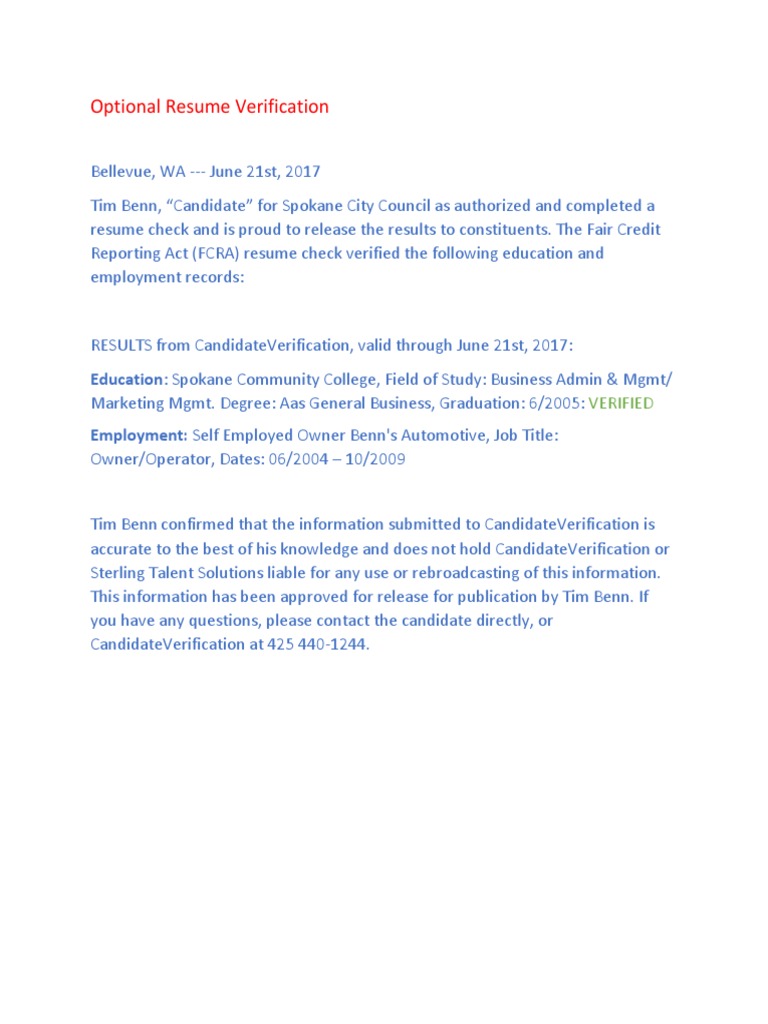 TimBennOptional Resume Verification | PDF