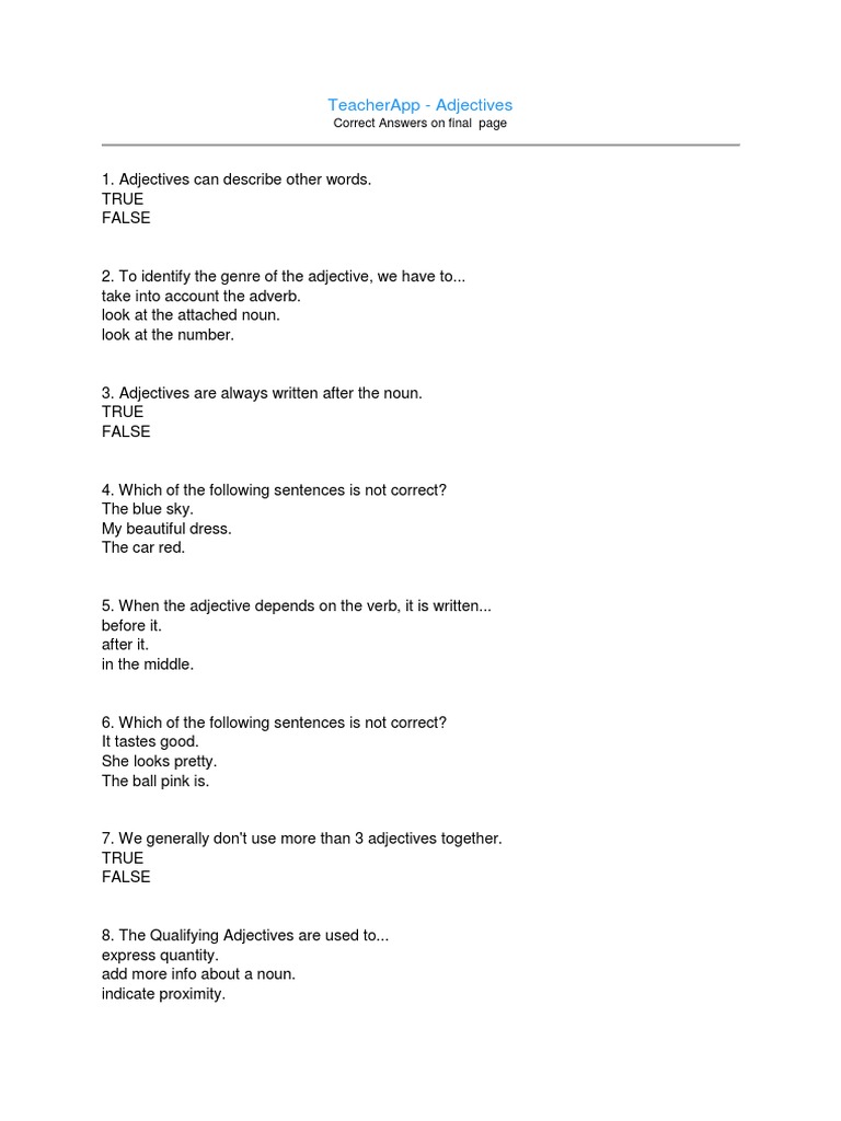 Understanding Adjectives Quiz Answers | PDF