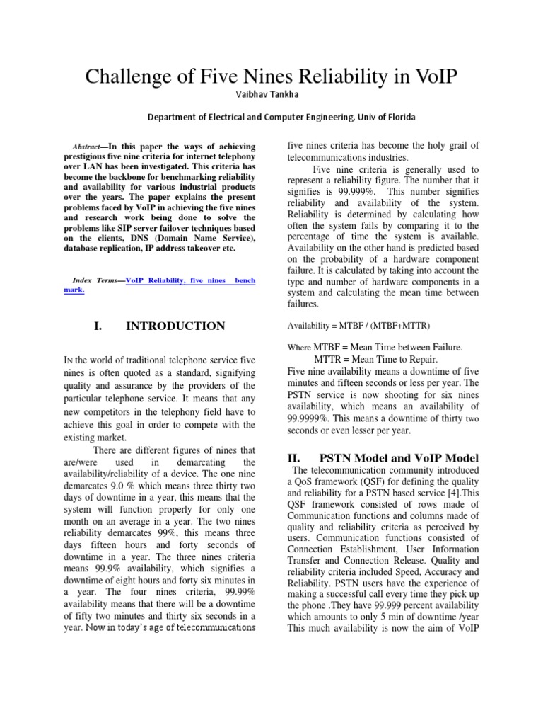 Challenge of Five Nines Reliability in Voip: Abstract | PDF | Session ...