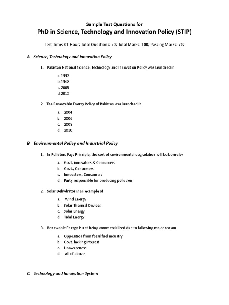 Sample Test Questions For PHD in STIP | PDF | Policy Analysis ...