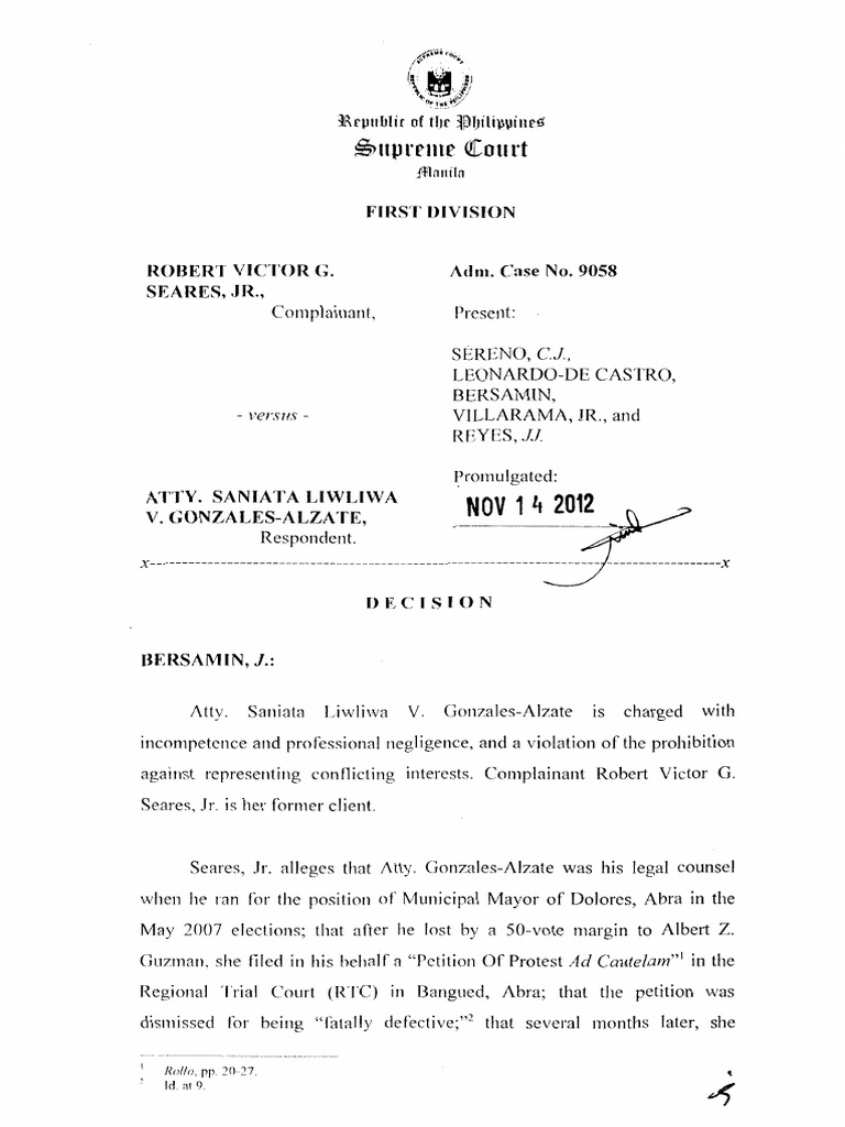 ETHICS - Seares JR Vs Atty Gonzales-Alzate - Incompetence and ...