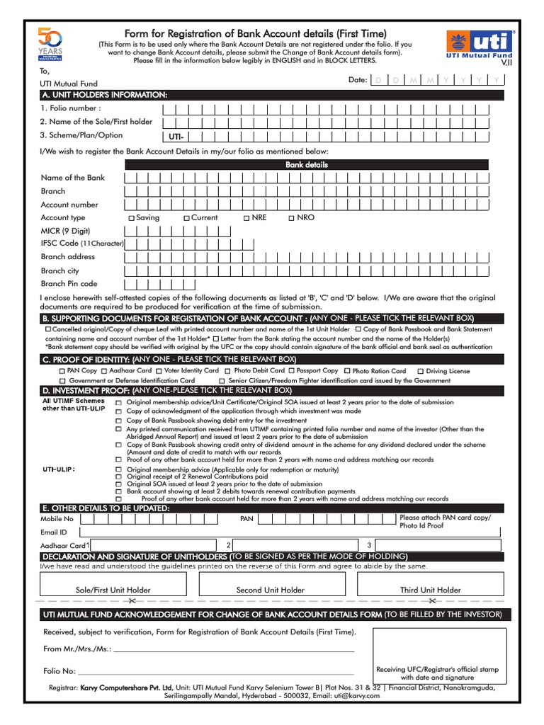 UTI Registration of Bank Account Details Revised Form | PDF | Identity ...