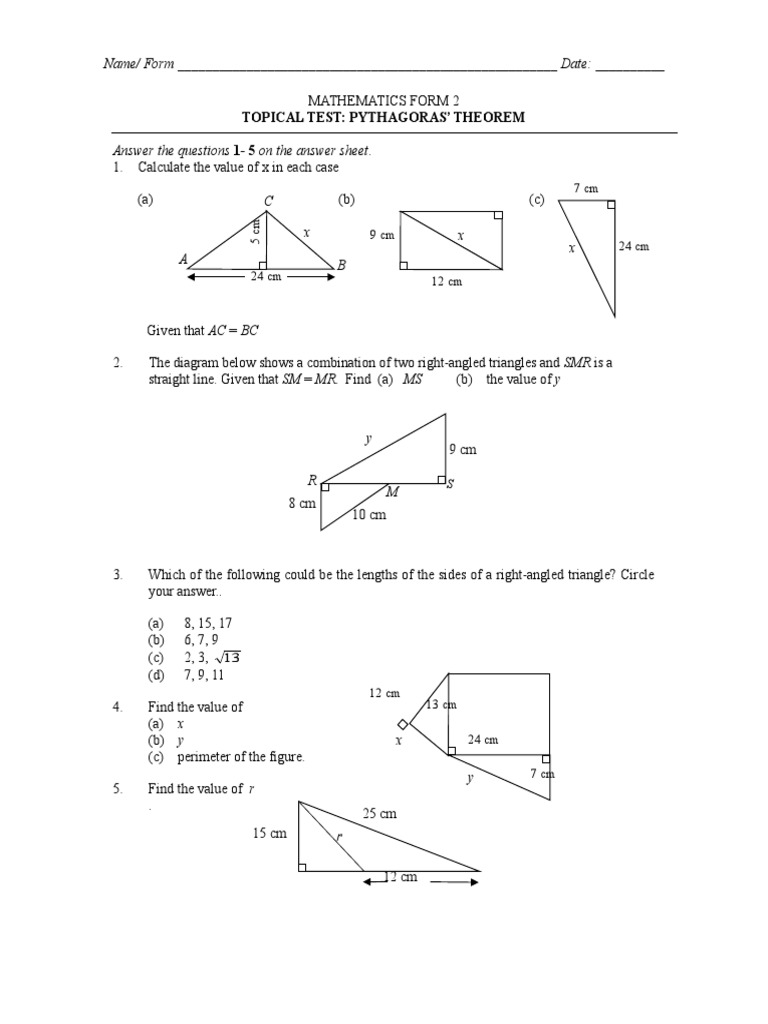 Pythagoras Theorem Test for JSS2 | PDF | Triangle | Euclidean Geometry