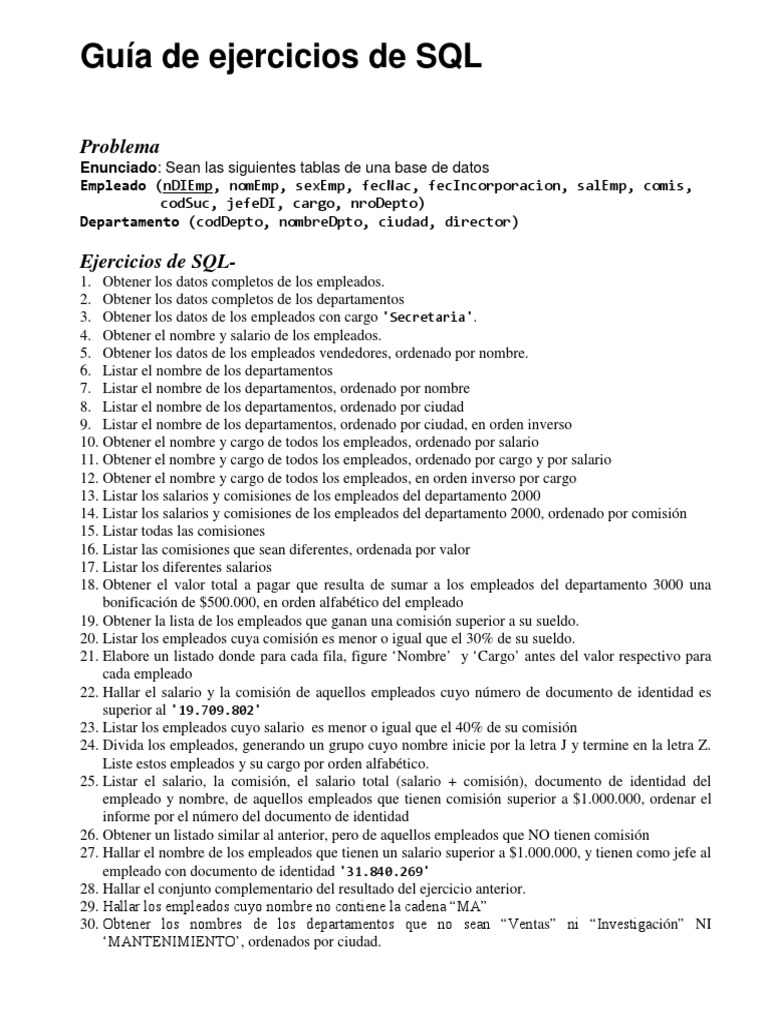 Guía Ejercicios SQL-1 | PDF | Salario | SQL