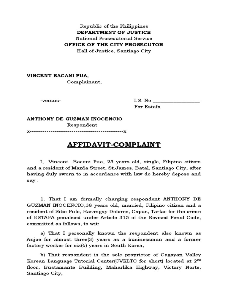 Complaint(Estafa) Elements | Virtue | Public Law