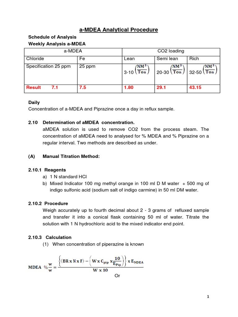 A-MDEA Analytical Methods | PDF | Ph | Titration