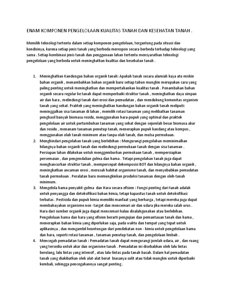 Enam Komponen Pengelolaan Kualitas Tanah Dan Kesehatan Tanah | PDF | Griya & Taman | Sains ...