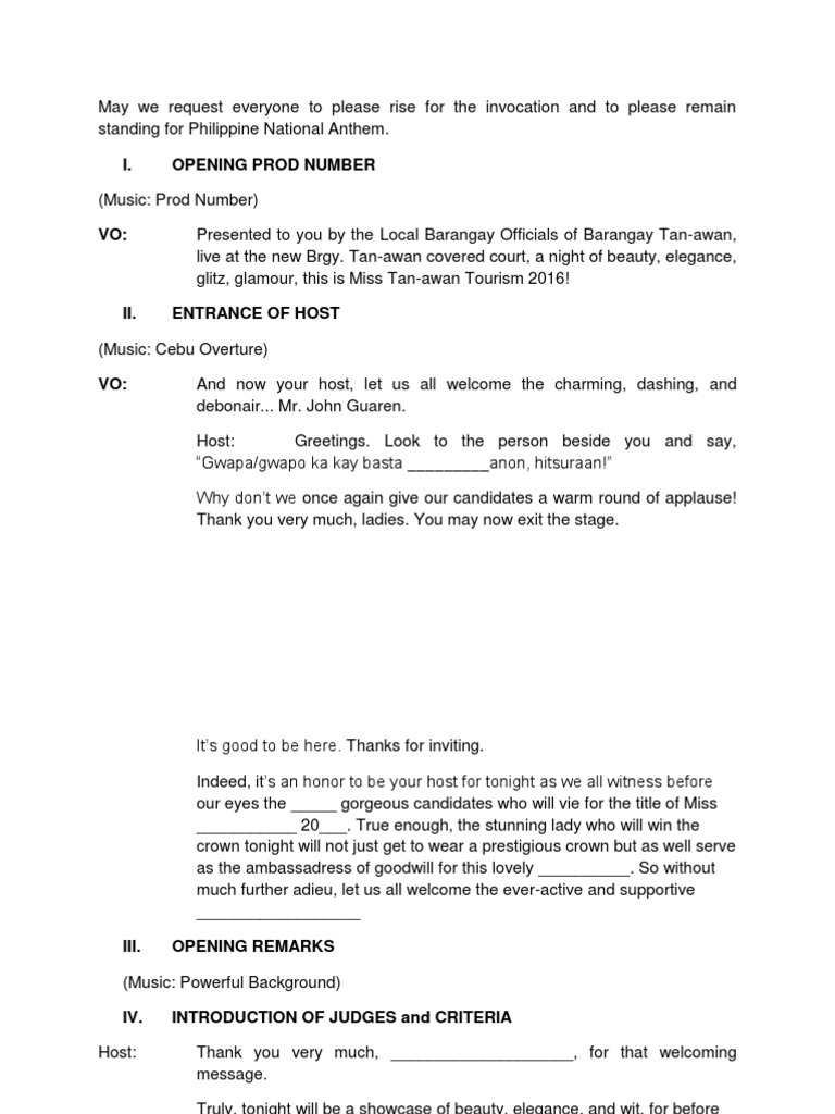 Pageant Script For Male Individual Host or Emcee | Download Free PDF ...