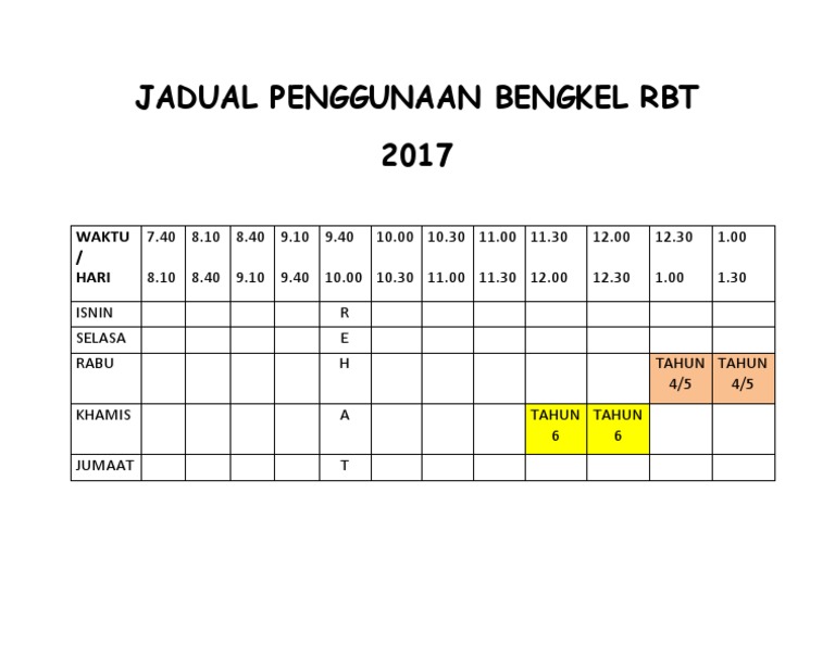 Jadual Penggunaan Bengkel RBT | PDF | Memasak, Makanan, & Anggur