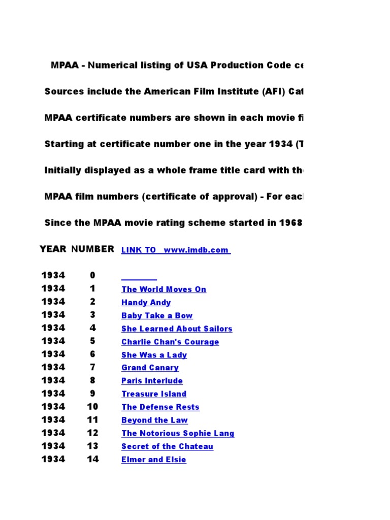 Mpaa Film Numbers 52000 | PDF